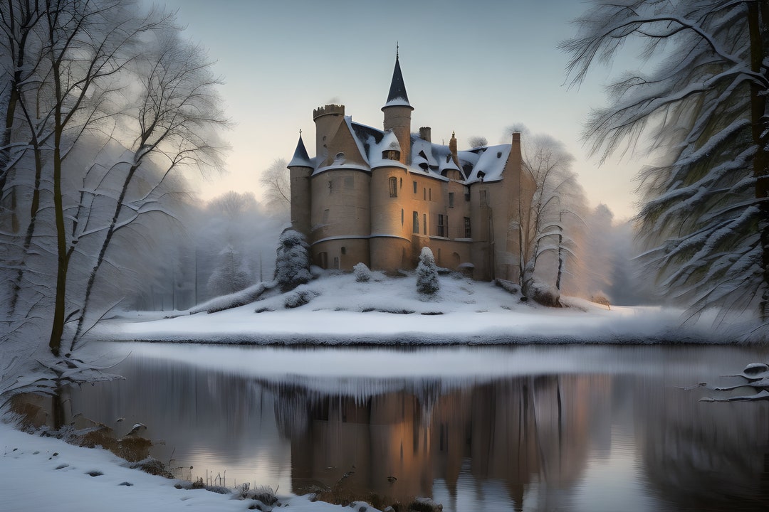 Winter Woodland Castle by Lake Wall Mural - Etsy