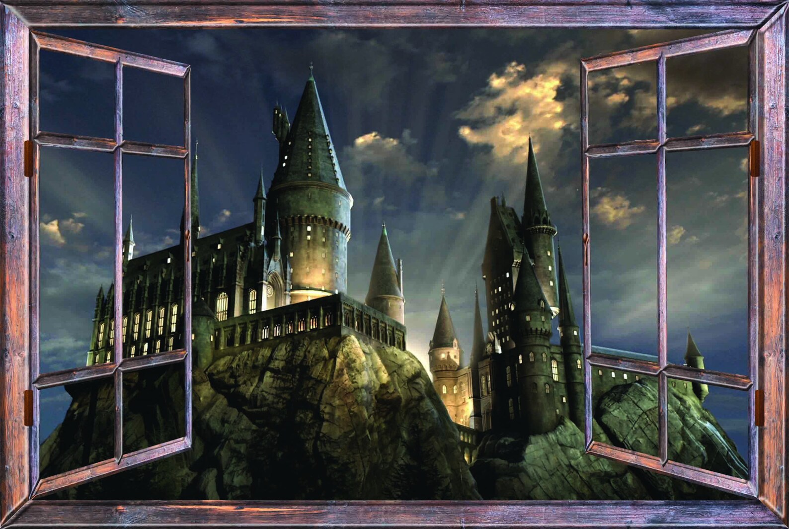 Window With a View Magical Wizards Castle Lights at Night Wall Mural ...