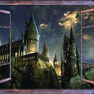 Window With a View Magical Wizards Castle Lights at Night Wall Mural ...
