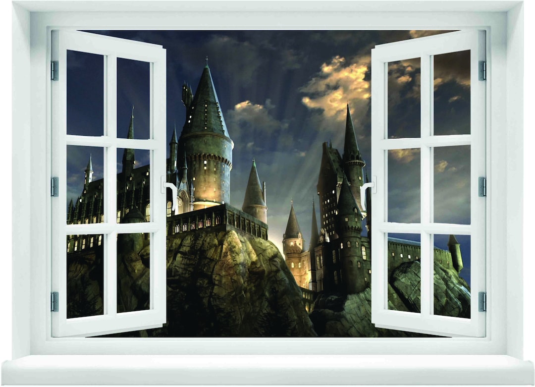 Window With a View Magical Wizards Castle Lights at Night Wall Mural - Etsy
