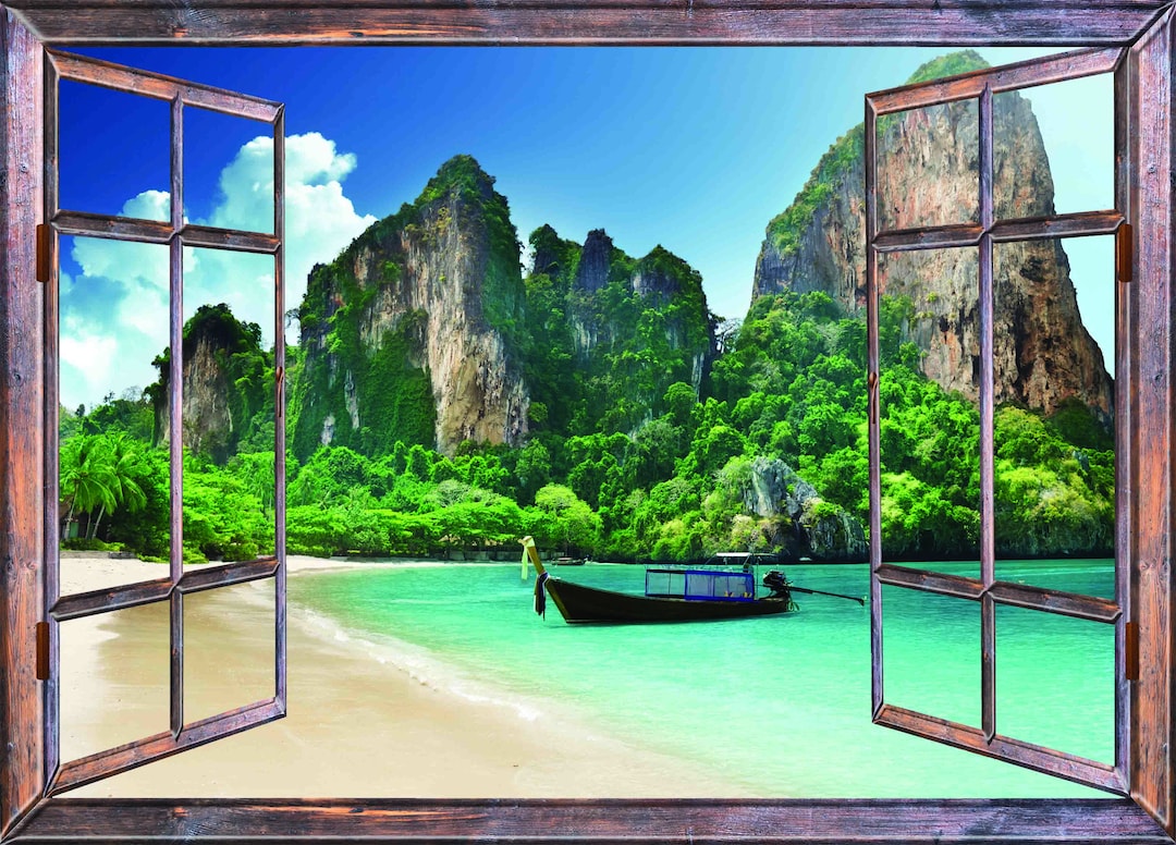 Window With a View Topical Beach Boat and Rocks Wall Mural Brown Frame ...