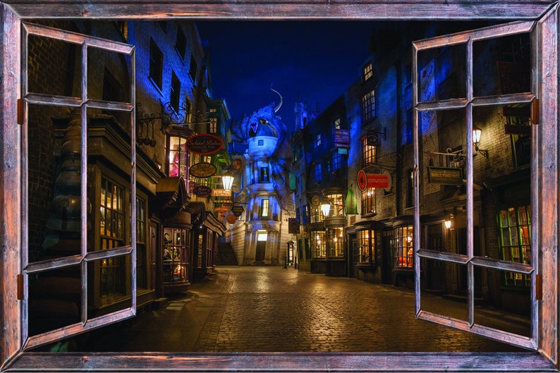 Window With a View Magical Wizards Street at Night Wall Mural Brown ...