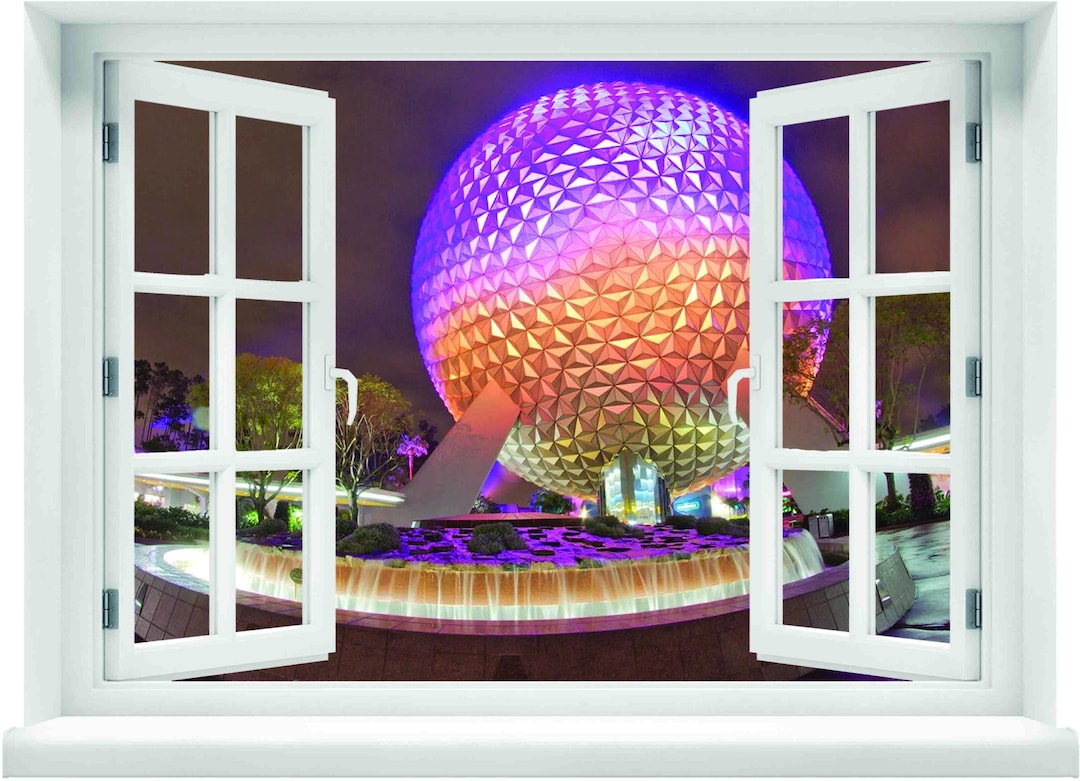 Window With a View Epcot Fountain at Night Wall Mural Brown Frame - Etsy