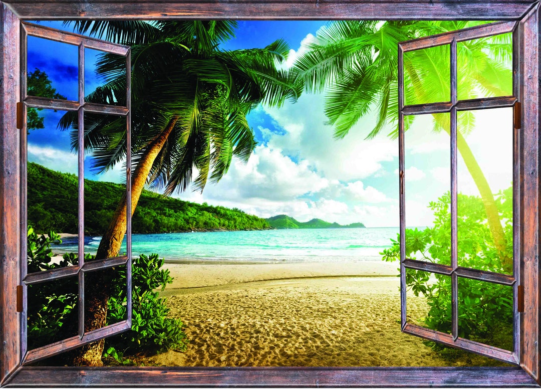 Window With a View Topical Beach Paradise Wall Mural Brown Frame - Etsy