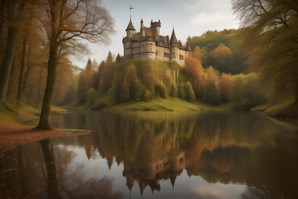 Autumn Woodland Castle by Lake Wall Mural - Etsy