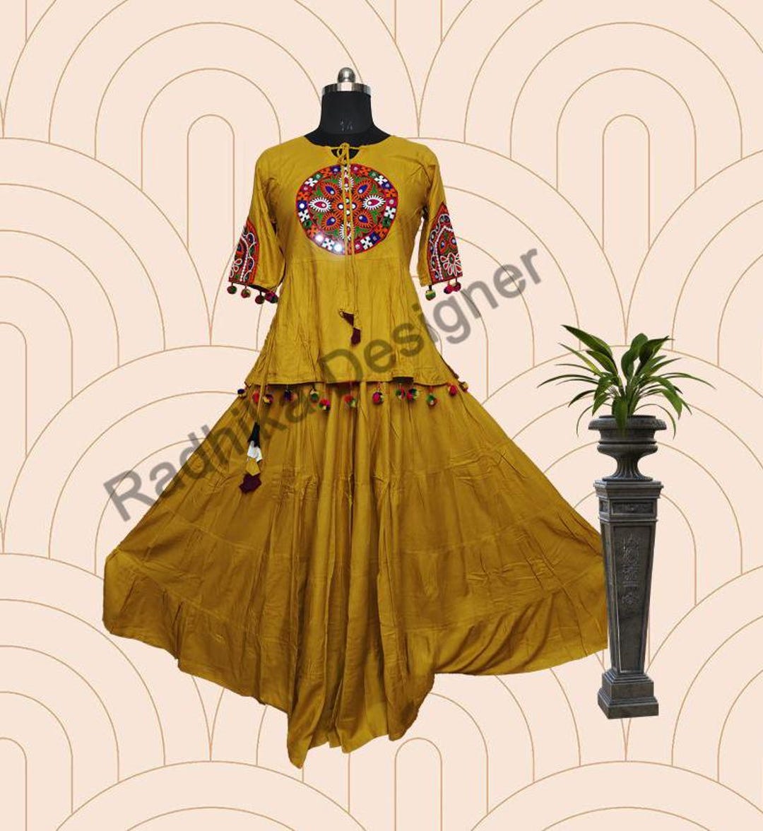 Yellow Color Rayon Navratri Crop Top With Long Skirt Handmade Mirror ...