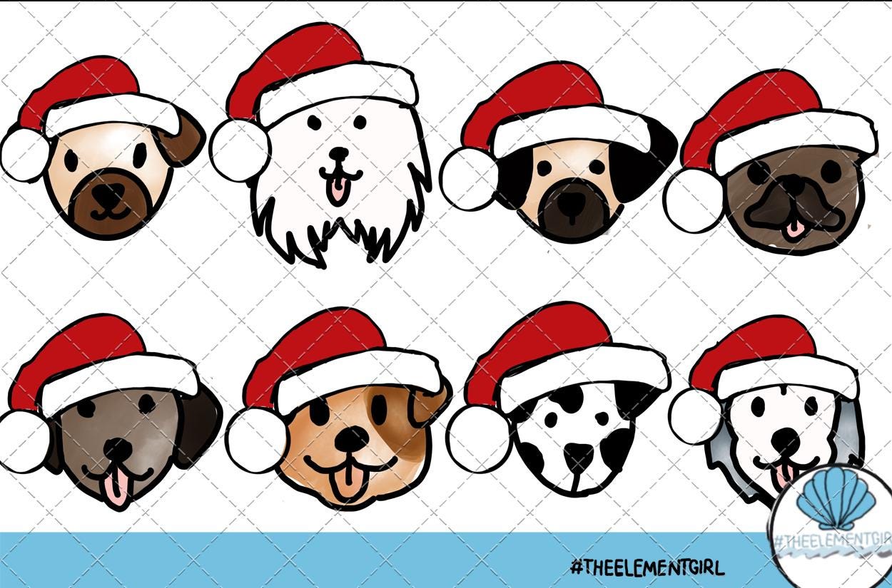 Watercolor Christmas Dog Clipart, Seasonal, Crafts, Cute, Santa Hats ...