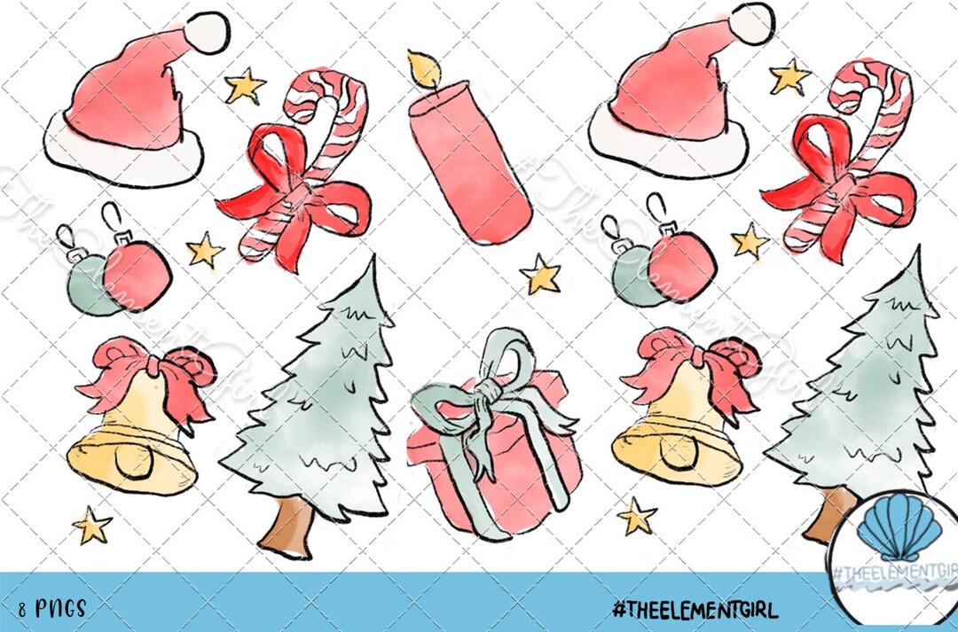 Watercolor Christmas Clip Art Set, Candle, Hat, Candy Cane, Ornament ...