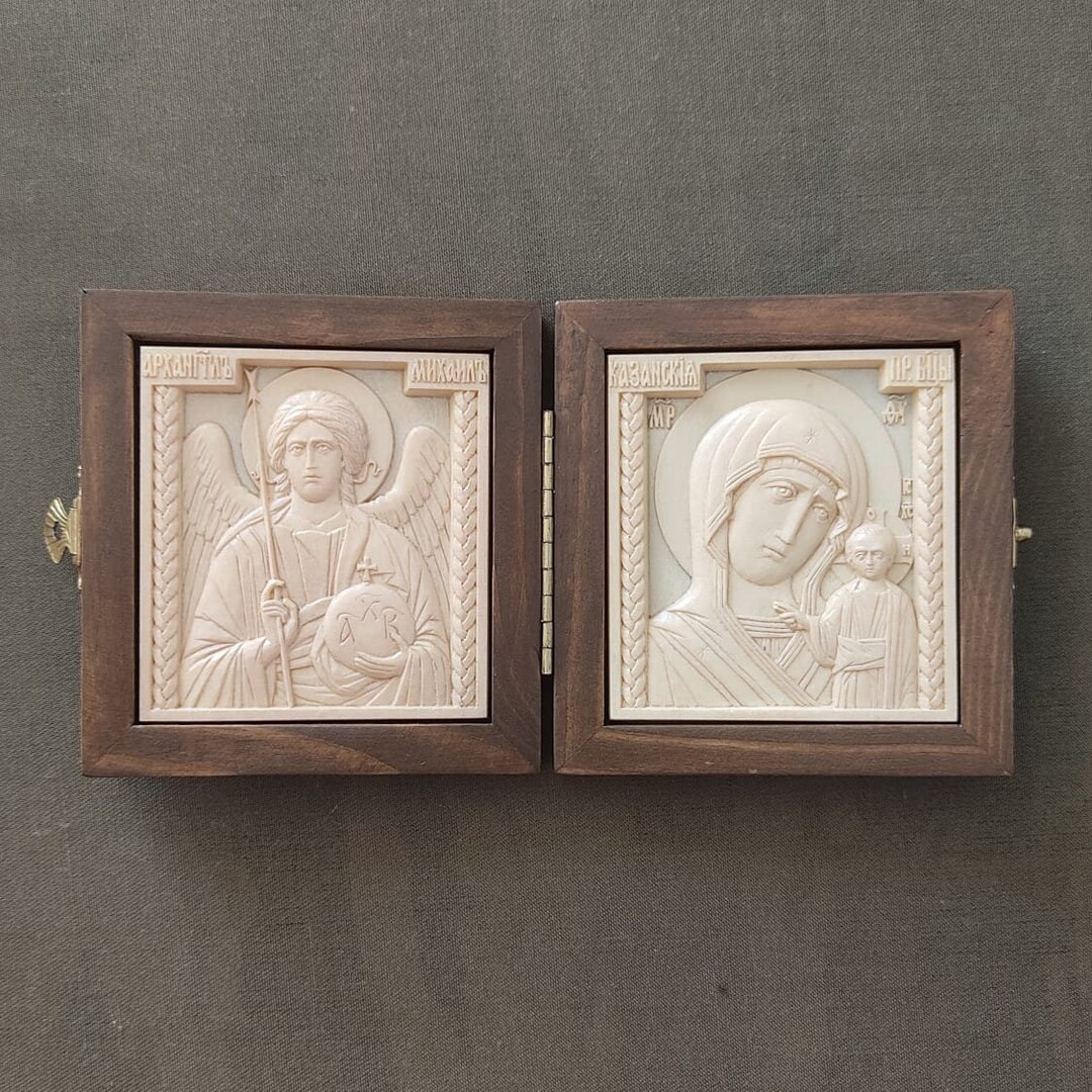 Handmade Wooden Icon.diptych.folding.icon of the Kazan Mother of God.archangel Michael.pelageya ...