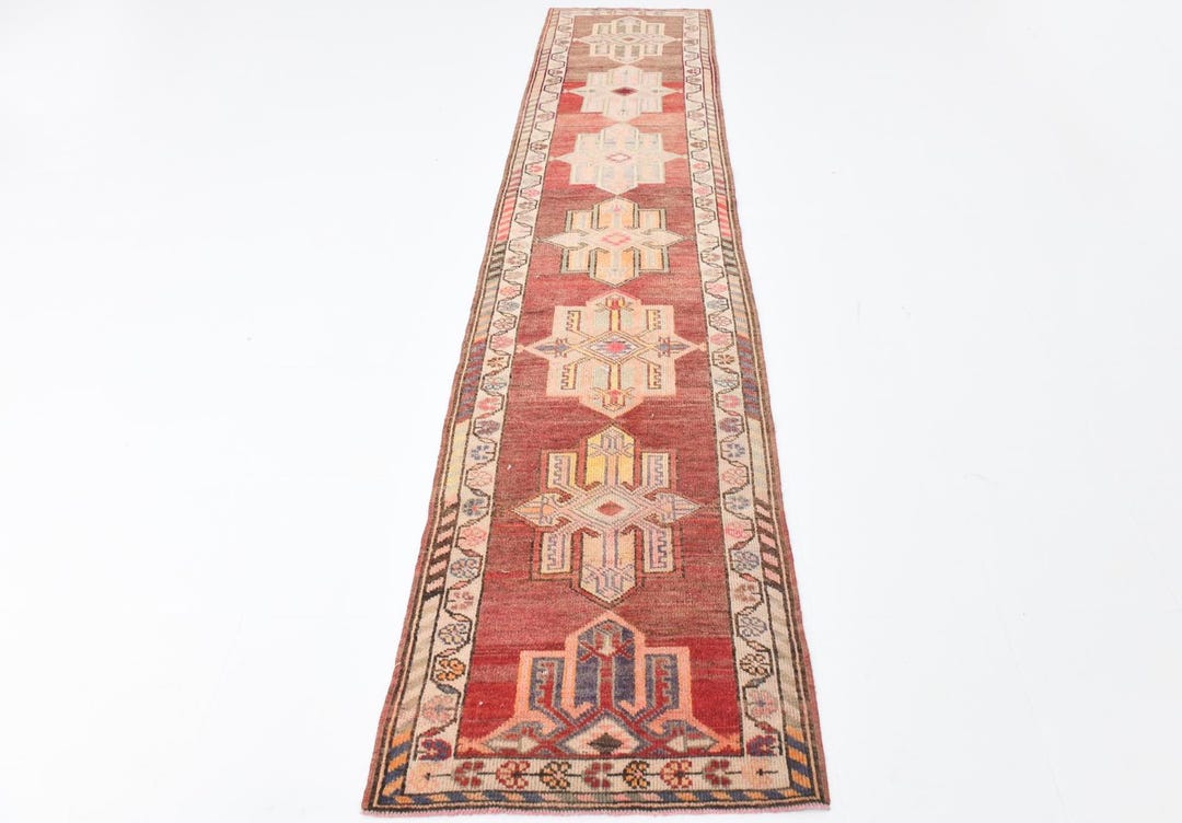 3x13 Vintage Runner, 3x13 Red Cream Vintage Runner Rug, 3x13, Handmade ...