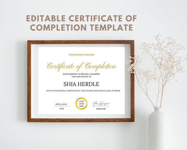 Editable Printable Certificate of Completion Template, Training, Award ...