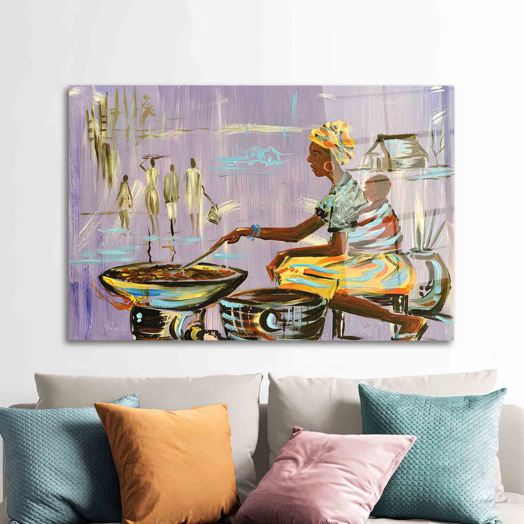 African Mother Cooking, Black Woman Glass Wall Art, Ethnic Tempered ...