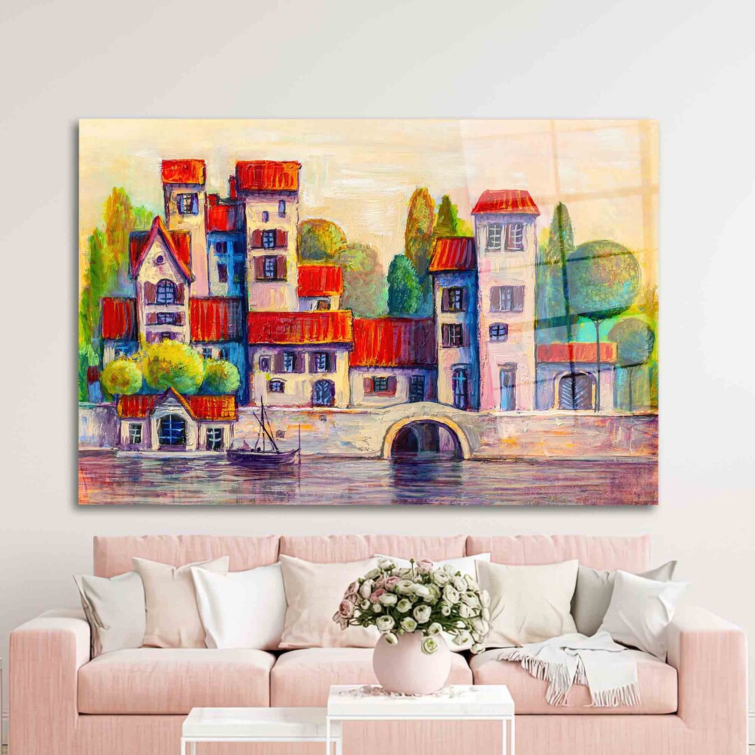 Cityscape Glass, River Glass Decor, River Landscape Glass Art, Old ...