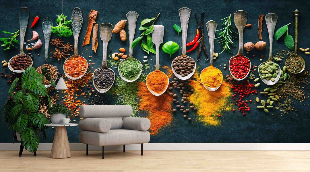 Gift for Him, Dining Room Mural, Food Wall Decor, Spices Kitchen Wall ...