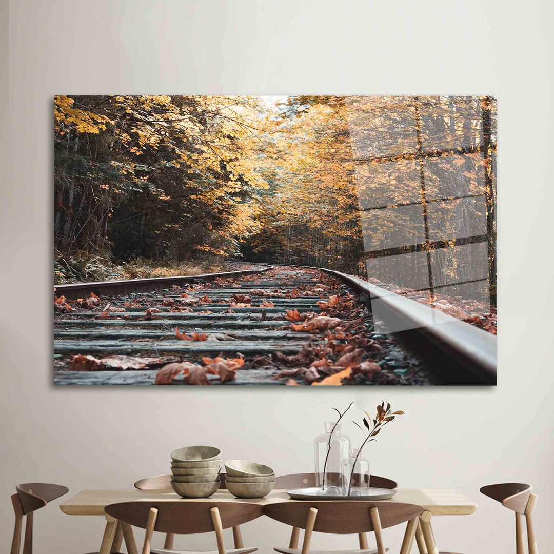 Train Track Wall Art, Landscape Wall Art, Autumn Leaves Glass Printing ...