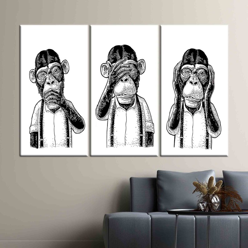 Three Wise Monkey Wall Art Abstract Monkey Canvas Art - Etsy