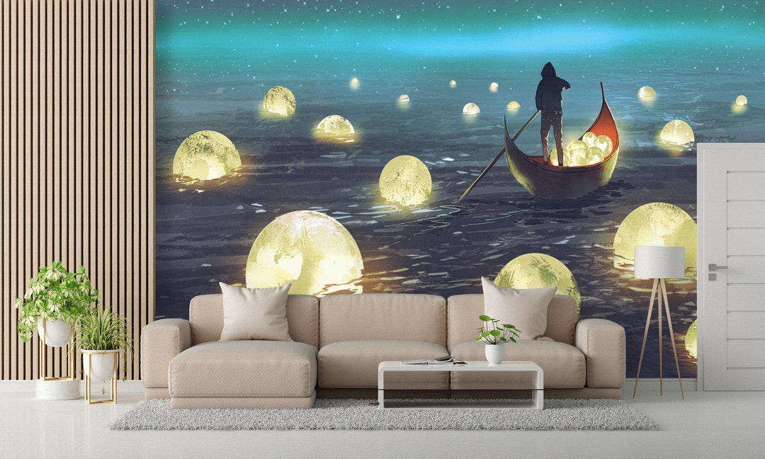Glowing Moon Painting Mural, Moon Mural, Wallpaper Patent, Moon ...