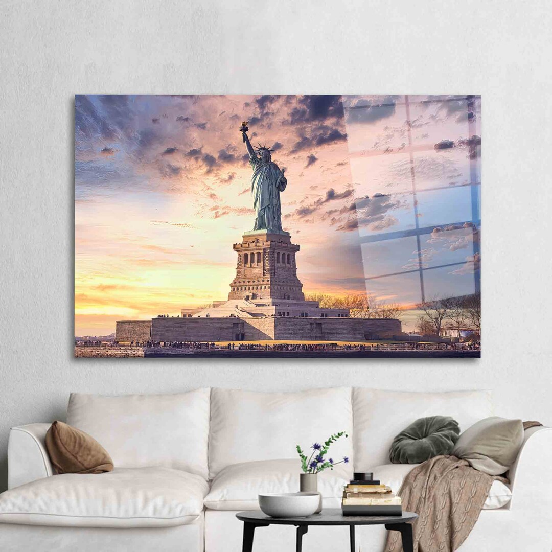 Statue of Liberty, New York Landscape Wall Art, Sunset Glass Wall Art ...