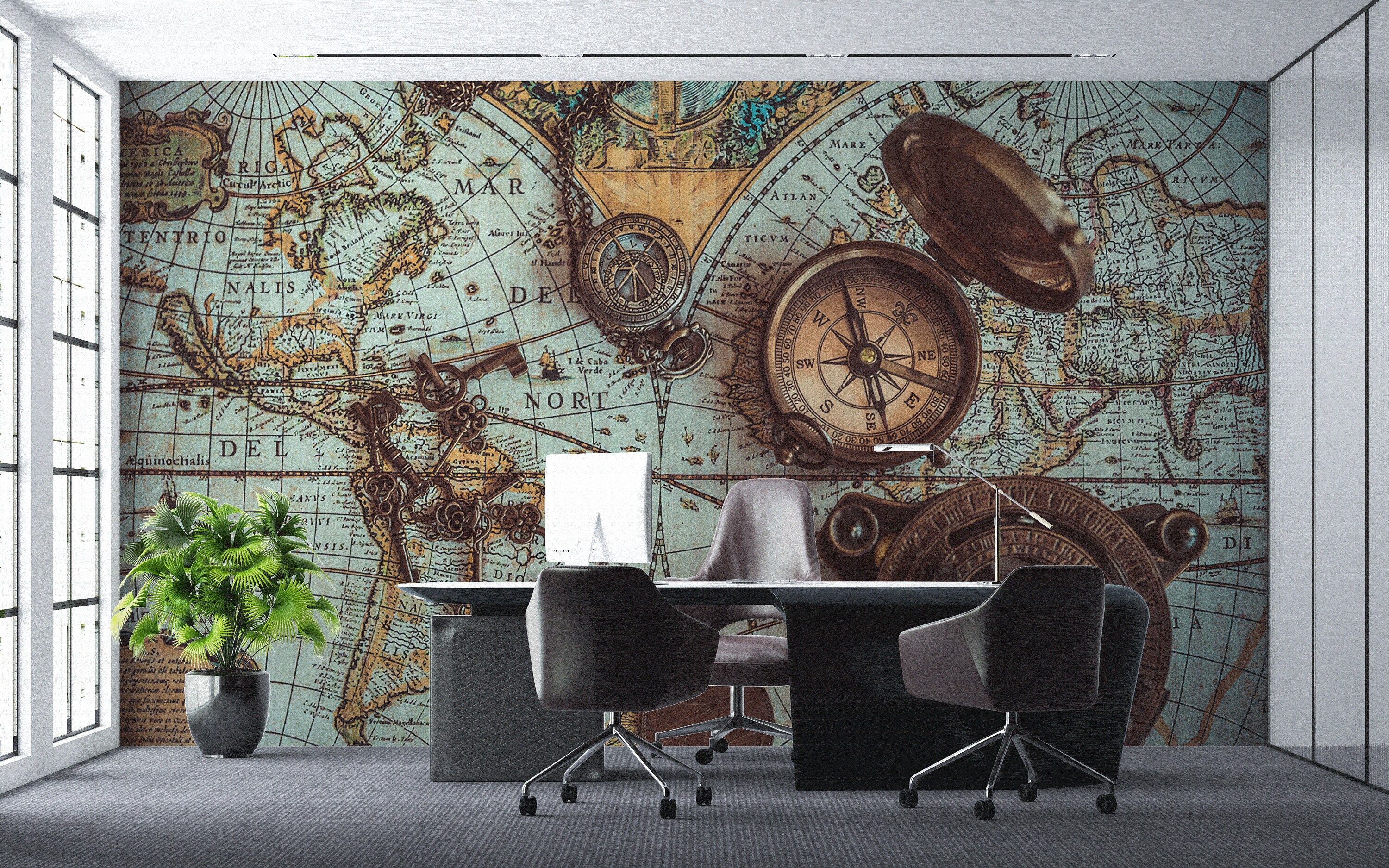 Vintage Map Mural, Antique World Map Digital Paper, Brass Pocket ...