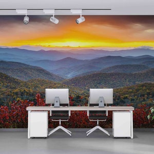 Mountain Sunset Wall Mural, Scenic Nature Landscape Wallpaper, Colorful ...