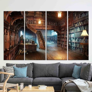 Vintage Library Glass Wall Art, Antique Bookshelves Decor, Retro ...