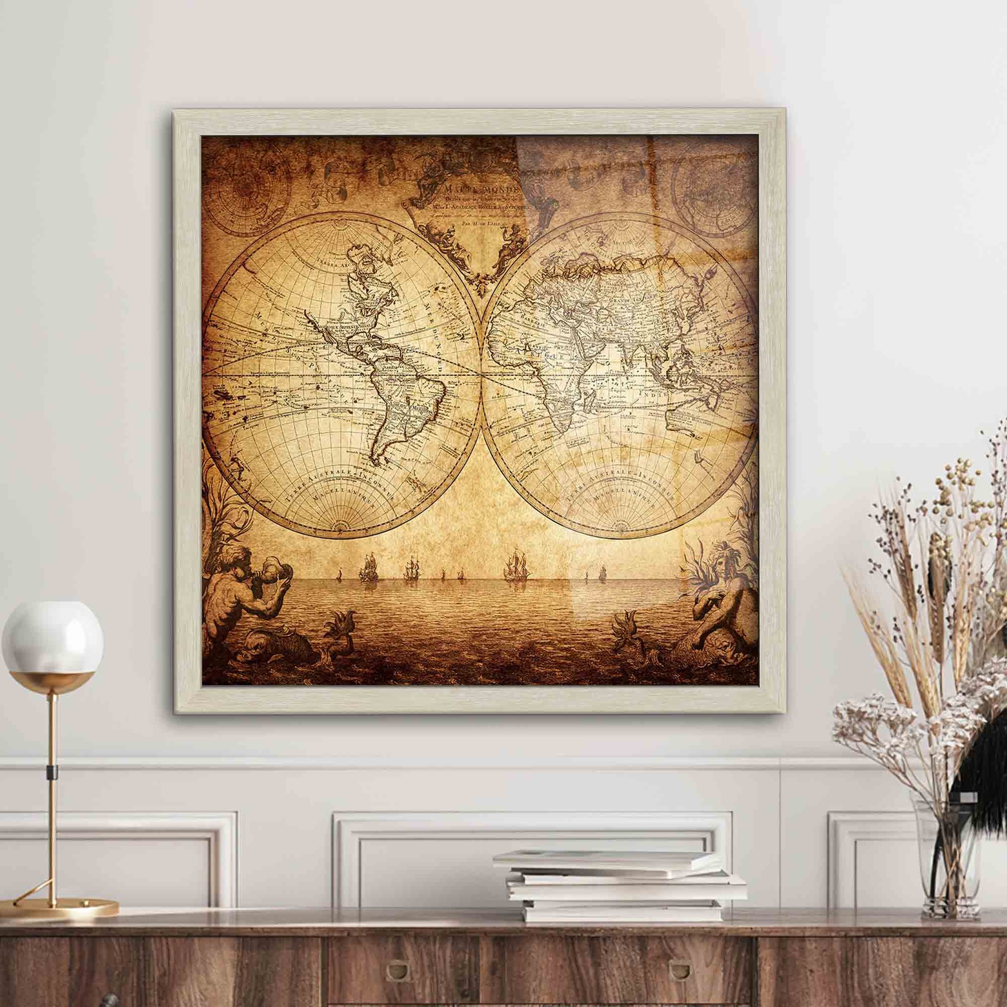 Vintage World Map Old Map Drawing Tempered Glass Brown - Etsy UK