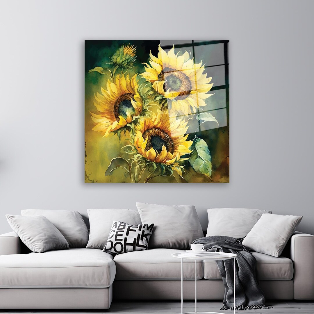 Sunflowers Painting Print Glass Decor, Yellow Tempered Glass, Sunflower ...