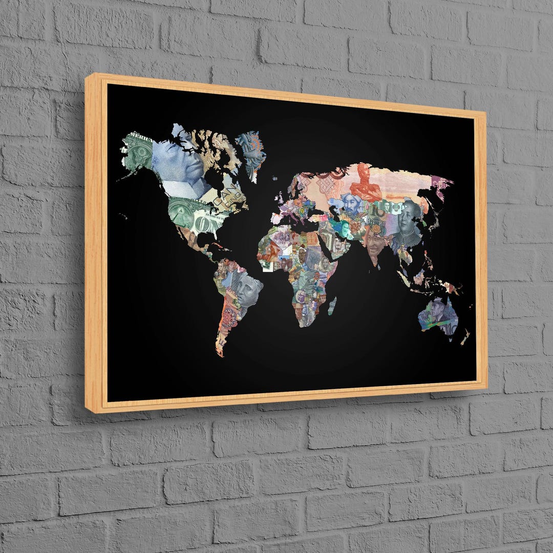 Money World Map Canvas, Map Poster, Bedroom Decor Art, Black Wall Art ...