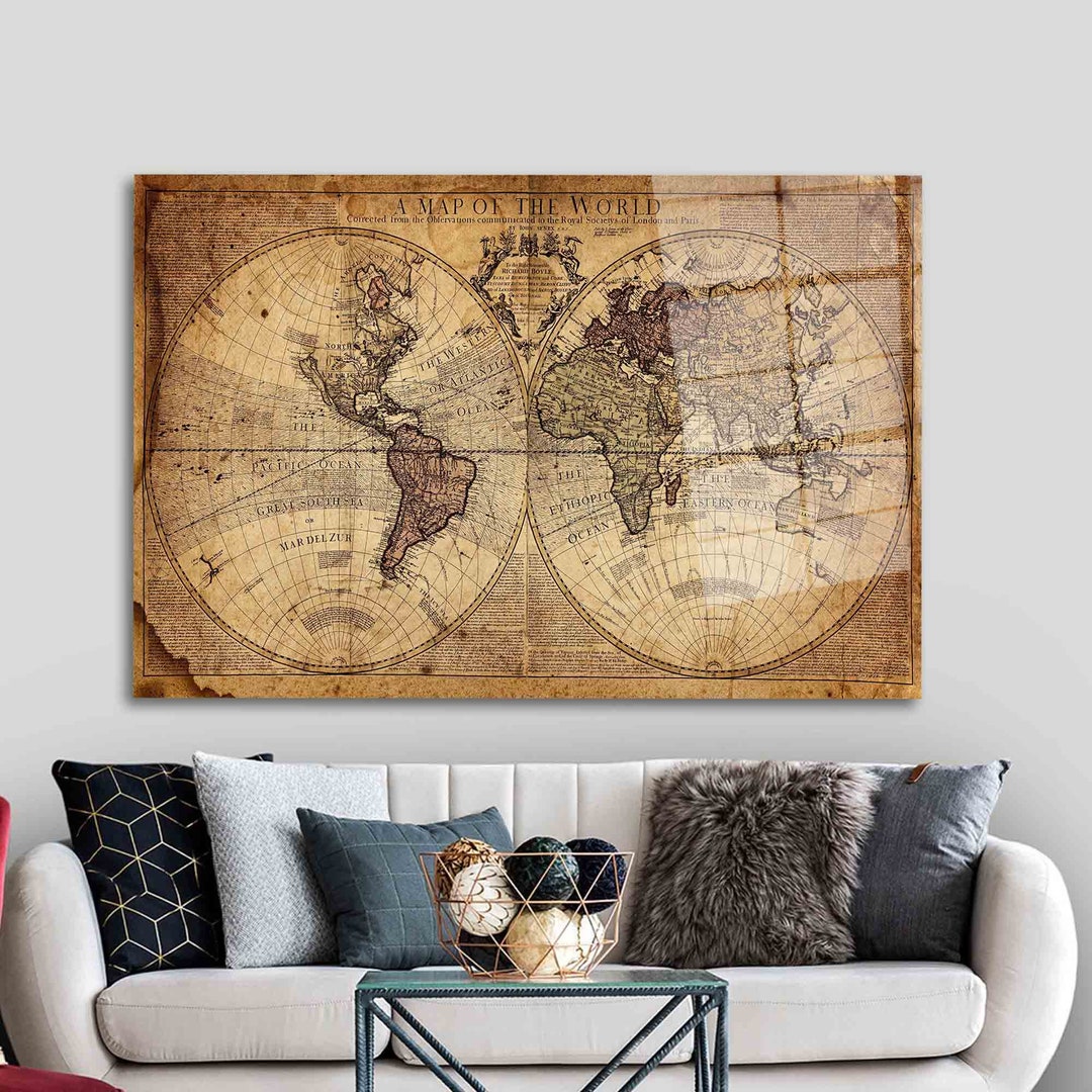 Vintage World Map Glass Art, Old Map Glass Decor, Vintage World Map ...