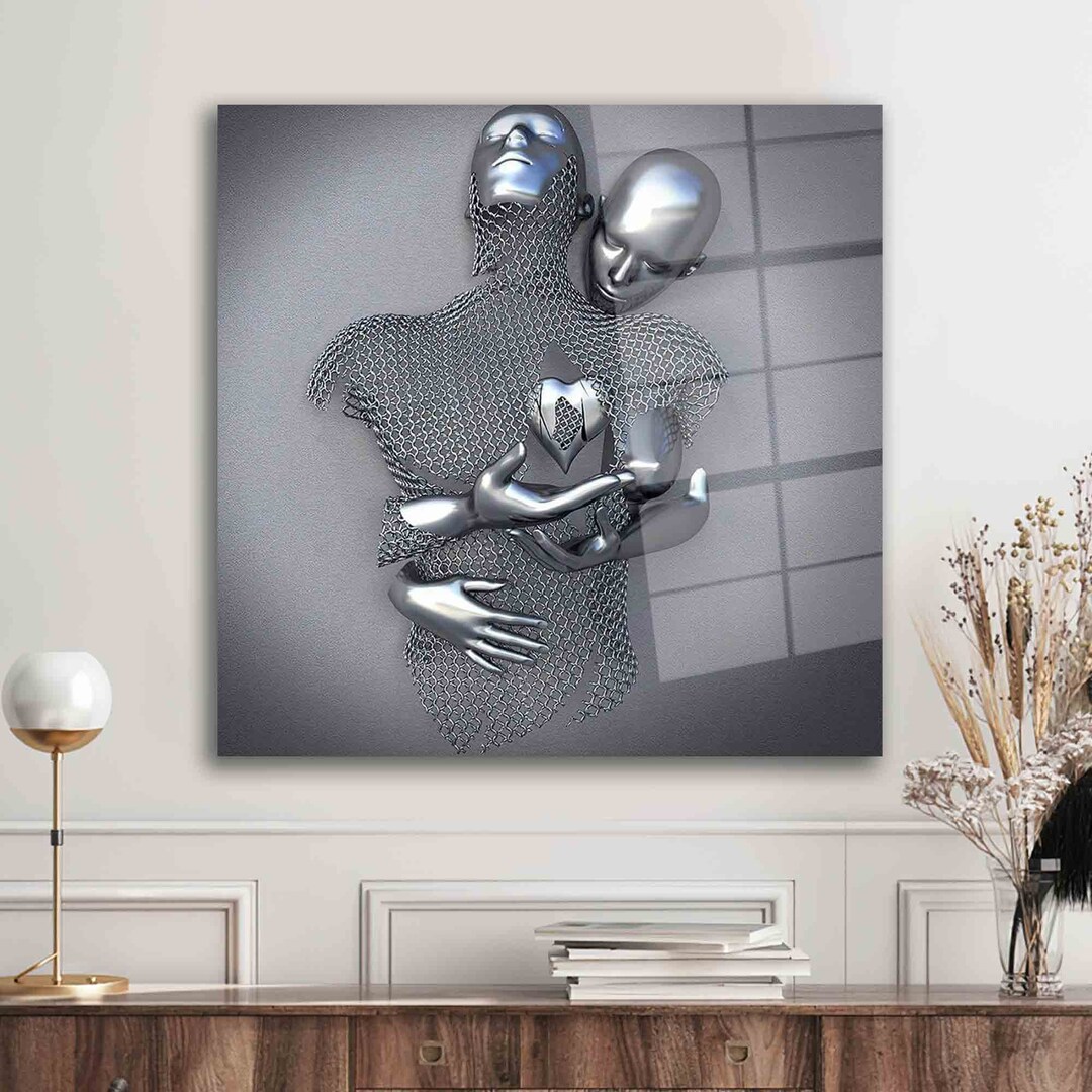 Metallic Couple, Love Glass Wall Art, 3d Silver Couple Tempered Glass ...
