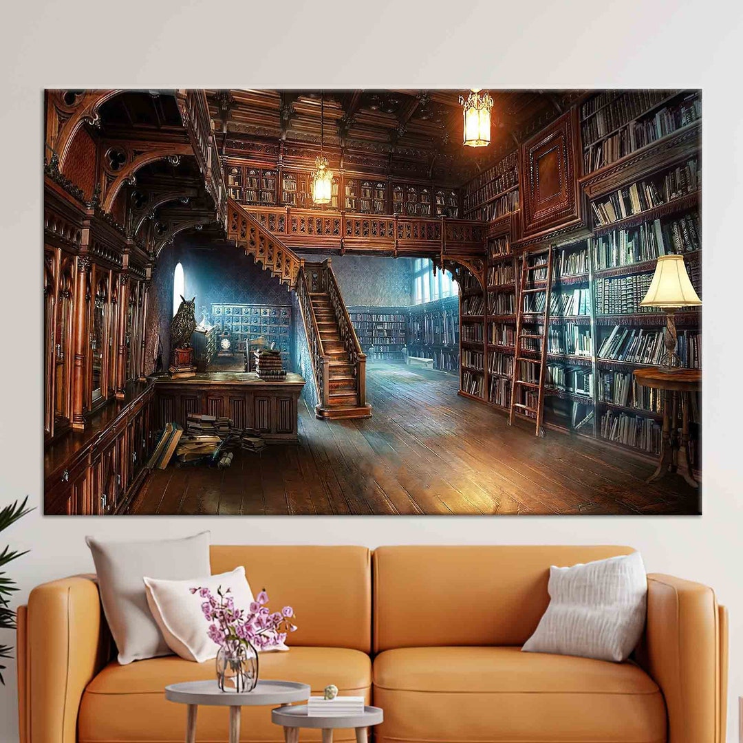 Vintage Library Glass Wall Art, Antique Bookshelves Decor, Retro ...
