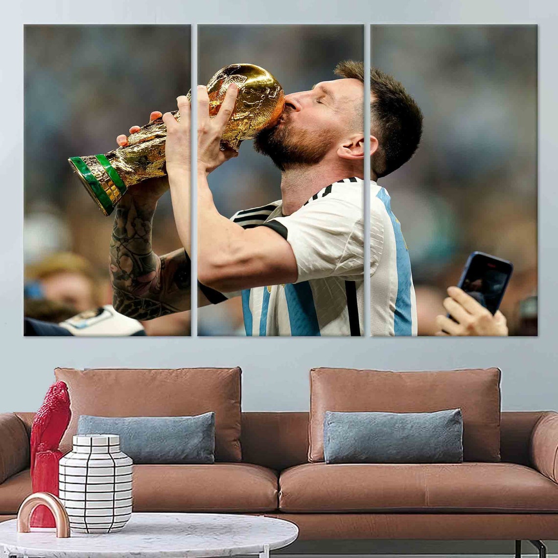 Lionel Messi World Cup Trophy Glass Wall Art, Football Legend Decor ...