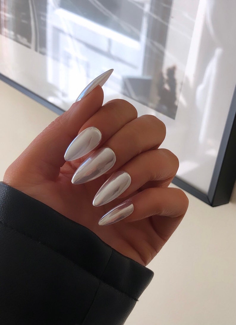 Silver Pearl Chrome Press on Nails Stick on Set of 10 False - Etsy