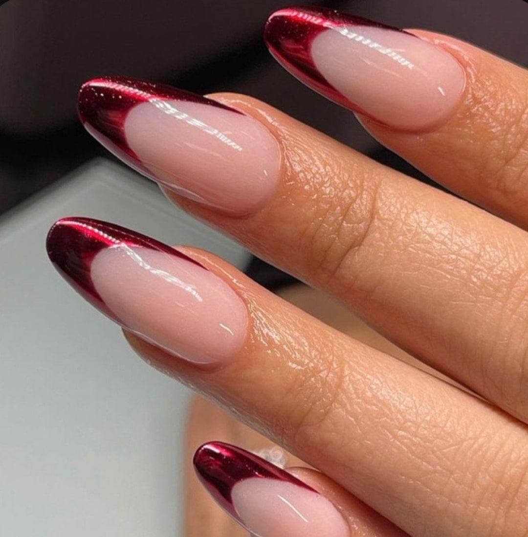 Red Chrome Press on Nails Chrome French Tip Nails Set of 10 False Nails ...