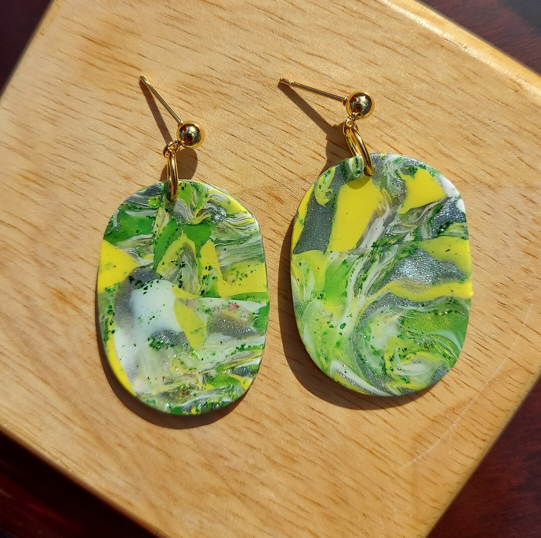 Green, Yellow, Silver Marble W/ Silver & Green Foil Large Oval Design ...