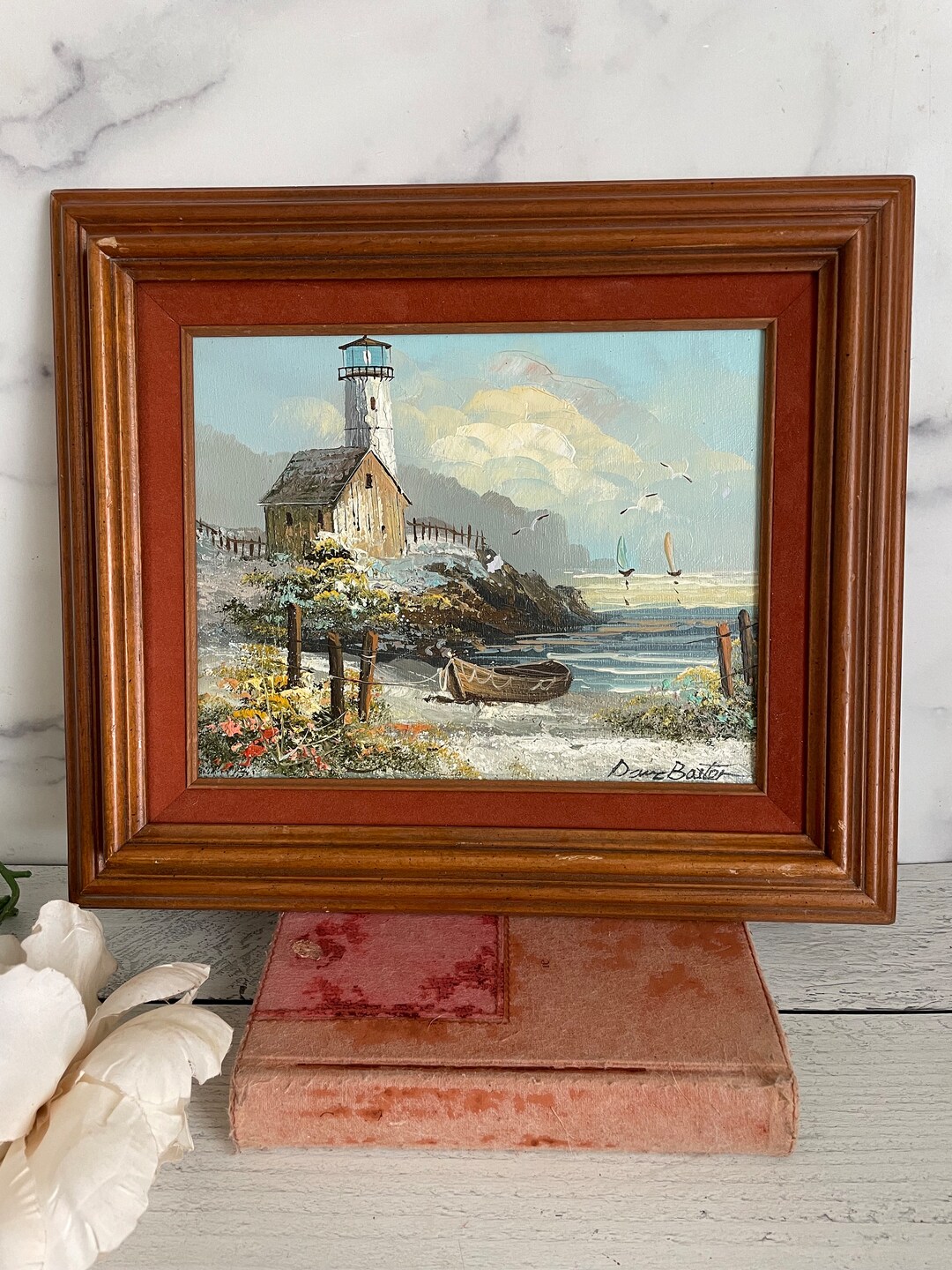 Vintage Oil Painting, Signed Oil Painting, Lighthouse Painting, Beach ...