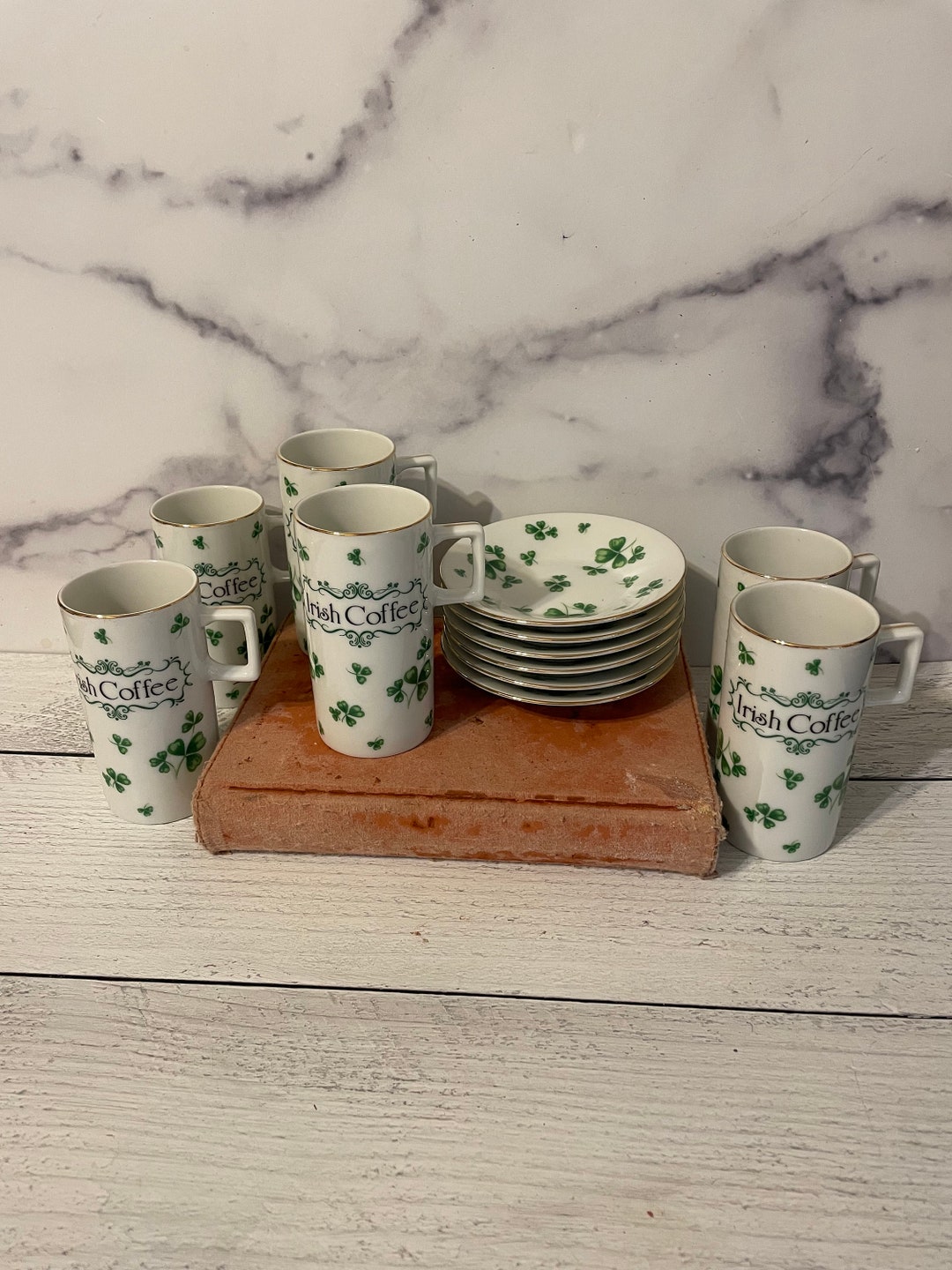 Vintage Lefton China, Irish Coffee Cups and Saucers, Shamrock Design ...