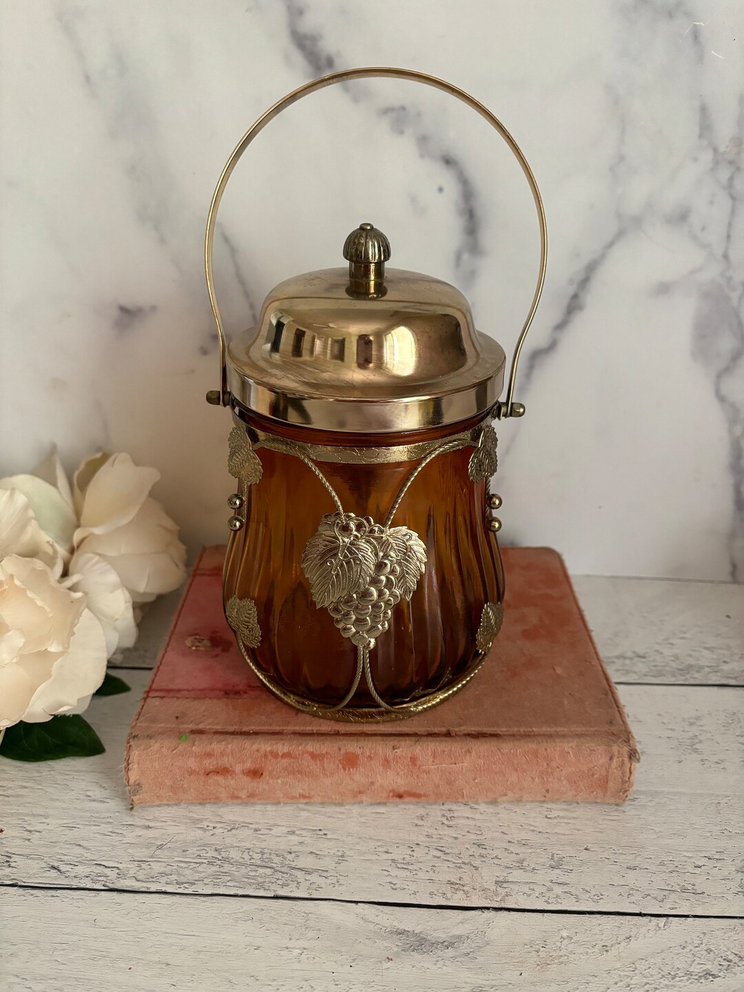 Vintage Candy Jar, Schmid Musical Candy Jar, Amber Glass Jar, Gold Leaf ...