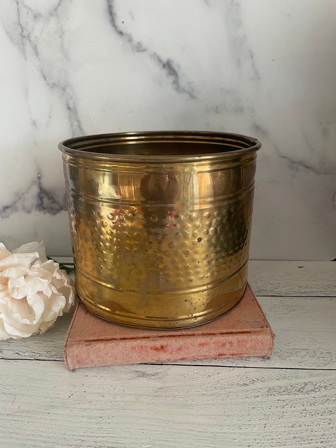 Large Planter, Gold Planter, Vintage Planter, Brass Planter, Drum ...