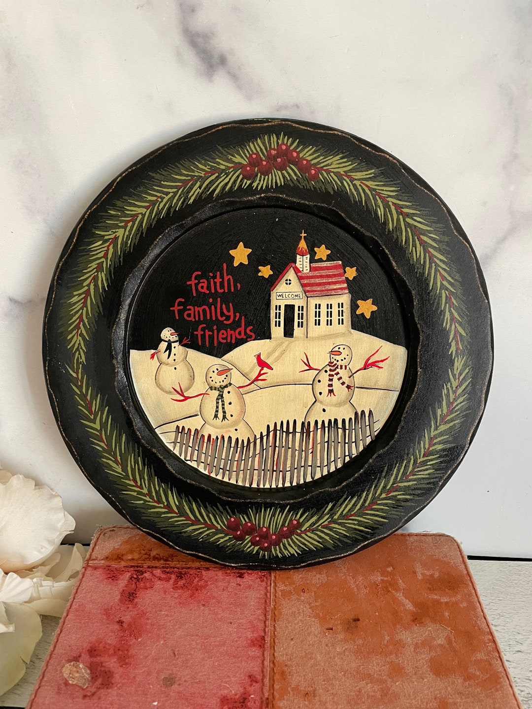Primitive Christmas Plate, Snowman Plate, Christmas Wood Plate, Faith ...