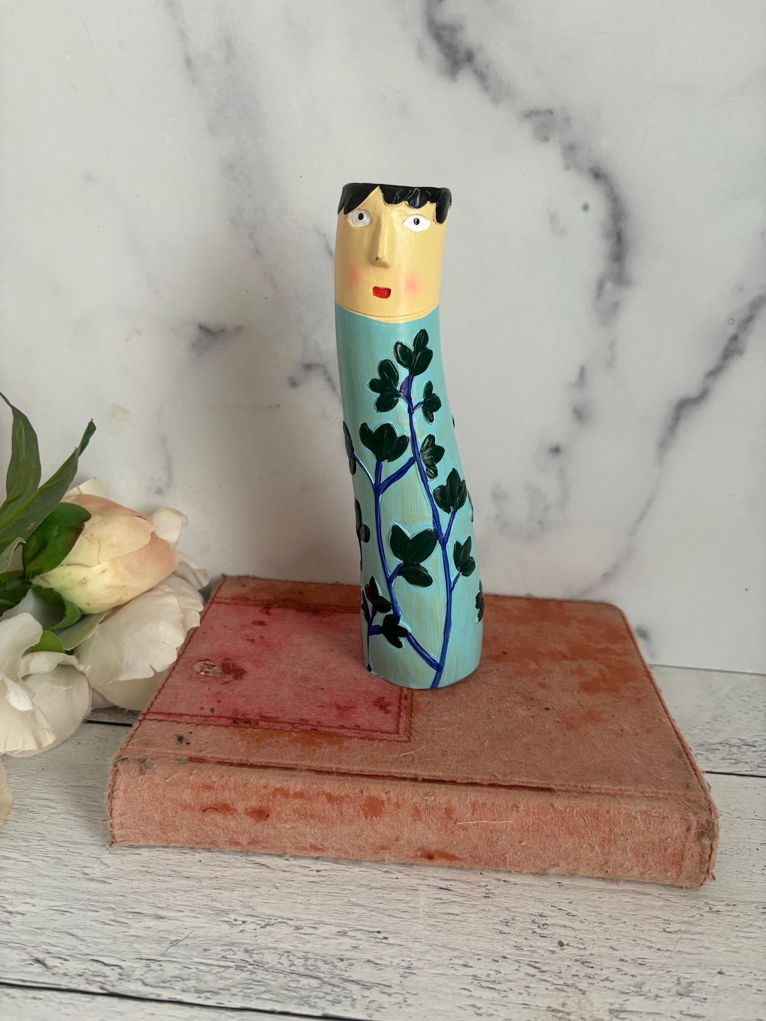 Floral Vase, Vintage Vase, Folk Art Vase, Blue Vase, Flower Vase ...