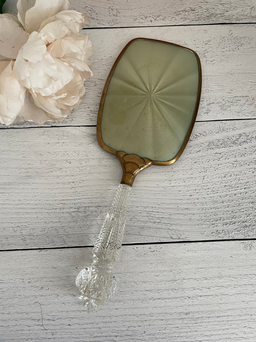 Vintage Mirror, Hand Held Mirror, Green Mirror, Vanity Mirror, Brass ...