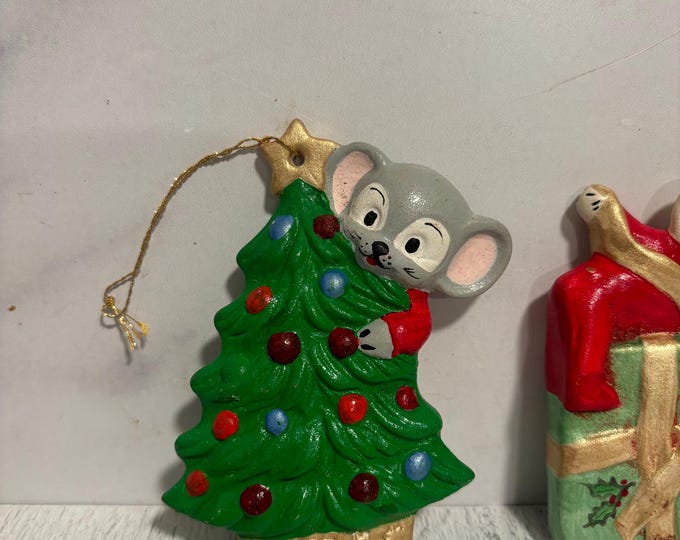 5 Ceramic Bisque Alberta Mouse Mice Ornaments Lot- Leaf, Candy Cane ...
