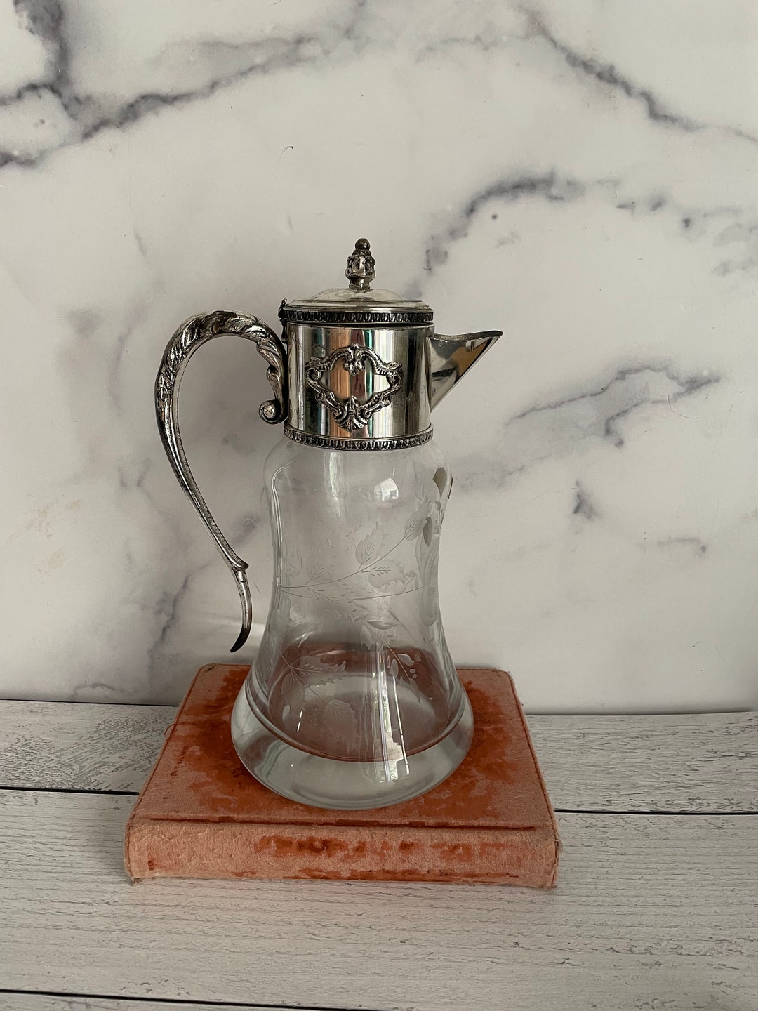 Clear Pitcher, Vintage Pitcher, Antique Plitcher, Glass Pitcher, Etched ...