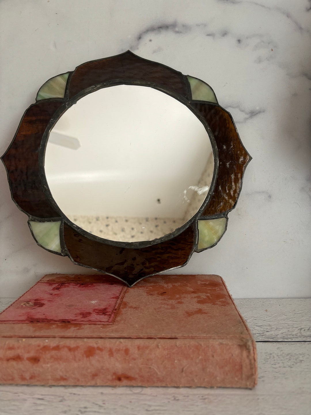Vintage Stained Glass Mirror, Brown Glass Mirror, Circle Glass Mirror ...