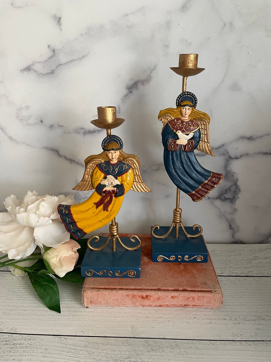 Vintage Angels, Folk Art Angels, Colorful Angel, Angel Candle Holder ...