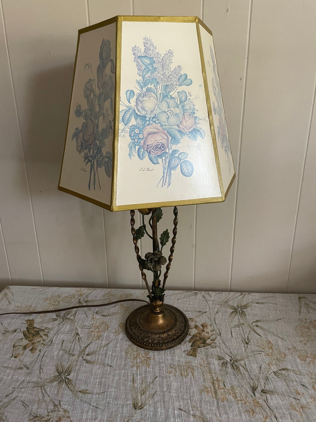 Vintage Lamp, Botanical Lamp, Floral Lamp, Hexigon Lamp Shade, Country ...