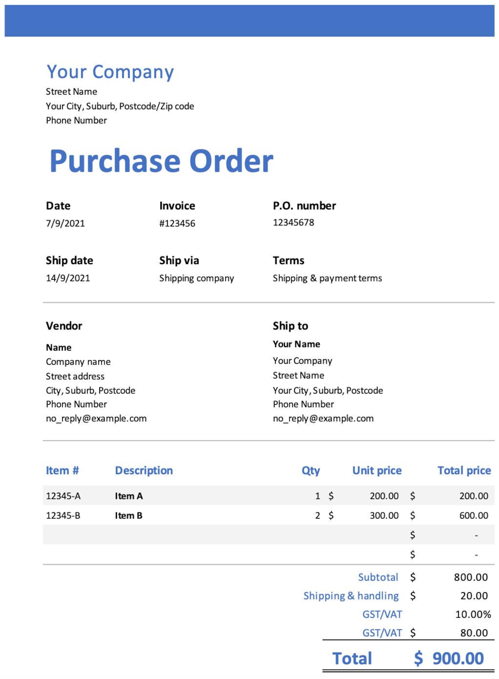 Purchase Order & Tax Invoice Template Printable Editable Easy to Use ...