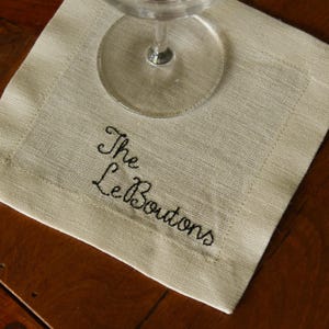 Embroidered Handmade Linen Cocktail Napkins, Stitched Font - Set of 4 ...