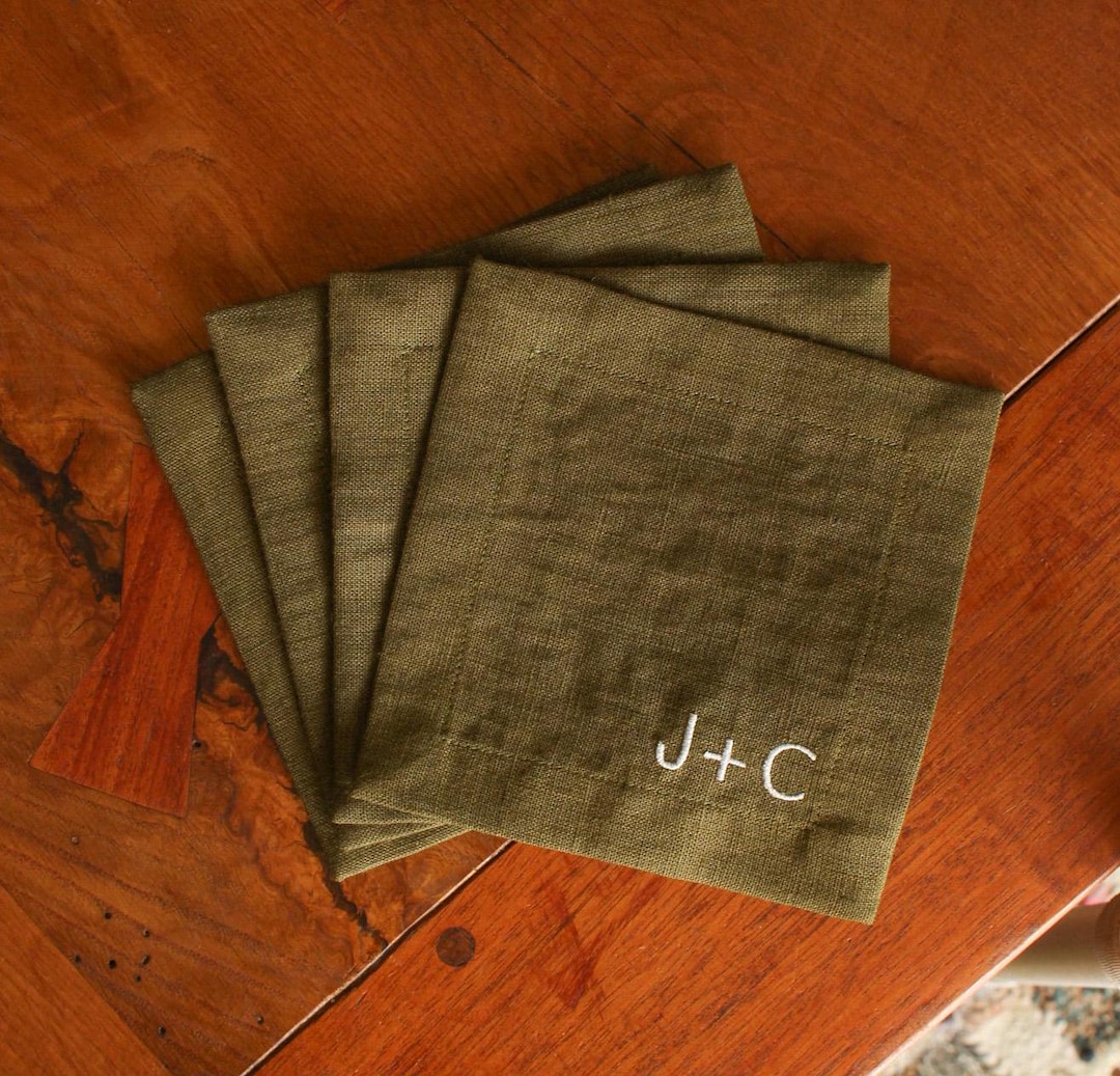 Handmade Linen Cocktail Napkins, Green, Monogrammed Embroidered - Set ...